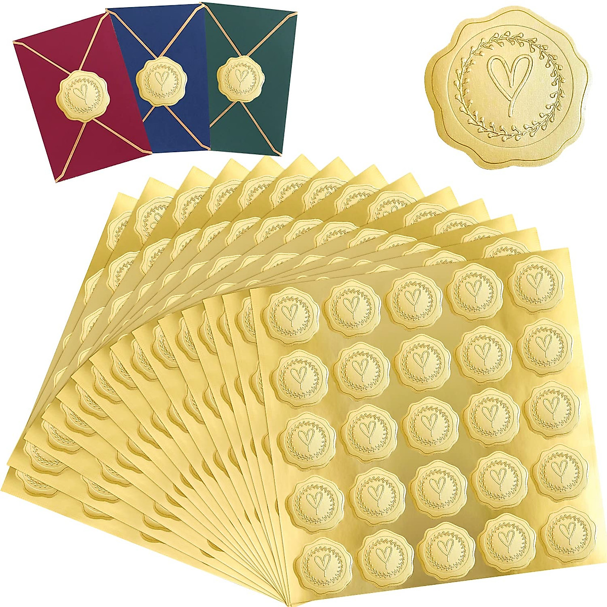 YUJUN 350PCS Gold Embossed Heart Stickers Self-Adhesive Heart Envelope Seal Wax Looking Stickers Labels for Wedding Party Invitations Valentine's Day Greeting Cards Party Favors Decor