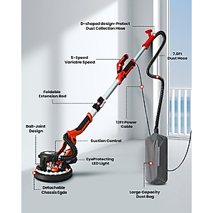 Tarlido Drywall Sander, 750W Electric Drywall Sander with Vacuum Dust Collection, 5 Variable Speed 900-1800RPM with LED Light, Foldable Handle, Sanding Discs & Grids for Sanding Floor, Popcorn Ceiling