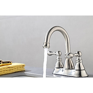 Derengge 2 Handle Brushed Nickel Bathroom Sink Faucet 3 Hole Faucet with Overflow Pop up Drain,360° Swivel Spout 4 Inch Centerset Bathroom Faucet without Supply Hoses,Meets cUPC NSF 61-9 AB1953,2 Pack