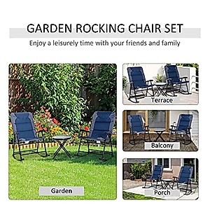 Outsunny 3 Piece Outdoor Patio Furniture Set with Glass Coffee Table & 2 Folding Padded Rocking Chairs, Bistro Style for Porch, Camping, Balcony, Blue
