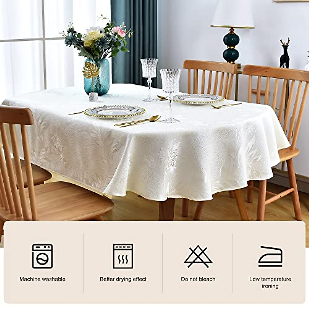 Wolkemer Oval Jacquard Tablecloth Ivory Floral Countryside Leaves Damask Patterns Table Cloth Cover for Dinner Kitchen 60 x 84 Inch