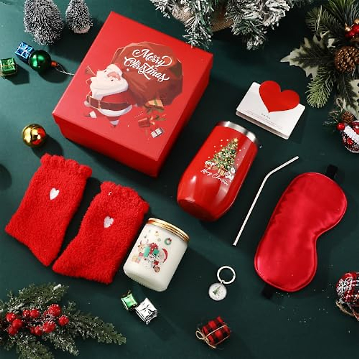 Tiangrid 7 Pieces Christmas Gifts for Women Xmas Basket Gift Boxes Coworkers Christmas Gifts Idea Thank You Gifts Scented Candles 16 oz Insulated Tumbler Gifts for Women,Mom Wife Sister Her