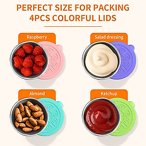 Salad Dressing Container To Go, 1.7oz/50ml Reusable Small Condiment Containers with Lids, Leakproof Silicone Lids Stainless Steel Sauce Containers for Lunch Box, Easy Open, Picnic and Travel (4 Pack)