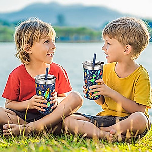 2 Pcs Kids Cups with Straw and Lid, Toddler Smoothie Cup Spill Proof Vacuum Stainless Steel Insulated Tumbler for Boys, Powder Coated Baby Child Cup + BPA Free Lids + Silicone Straws (12 Oz, Cute)