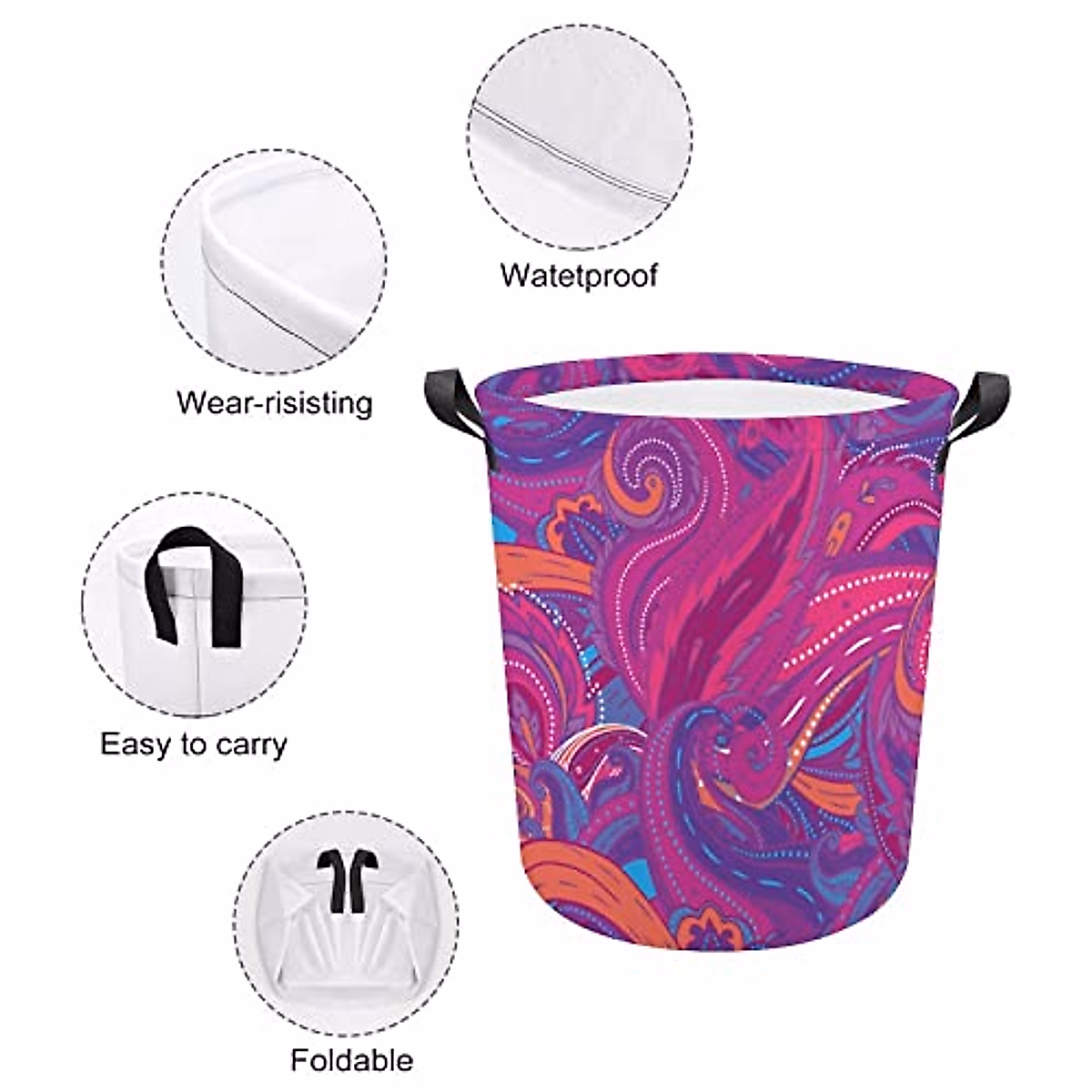 Floral Paisley Indian Foldable Laundry Basket Waterproof Hamper Storage Bin Bag with Handle 16.5"x 16.5"x 17"