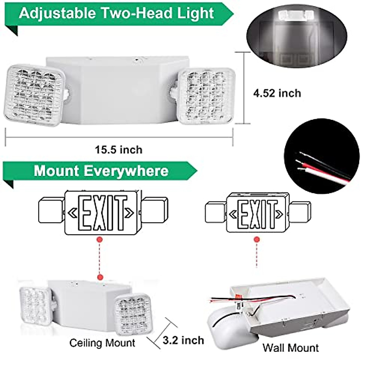 Led Emergency Lights Fixture 12 Pack, LED Emergency Light for Home Power Failure, Commercial LED Emergency Light with Battery Backup, Adjustable Two Head Emergency Exit Lights, Hardwired Square