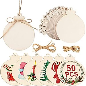 OurWarm 50pcs Round Christmas Wooden Ornaments for Crafts, 4" Unfinished Wood Ornaments Blank Predrilled Natural Wood Slices, DIY Christmas Tree Ornaments Hanging Decorations