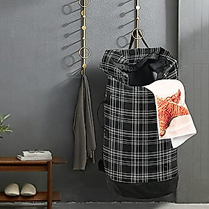 Black Check Plaid Laundry Backback Large Heavy Duty Laundry Bag with Adjustable Shoulder Straps Laundry backpack for Traveling Dirty Clothes Organizer for College Students Waterproof