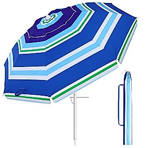 Beach Umbrella for Sand Wind Portable: 7FT Arc Length 6.5FT Diameter Heavy Duty Wind Resistant Striped Large Umbrellas UV 50+ Parasol with Anchor Screw Adjustable Height Tilting Pole 8 Ribs Carry Bag Lightweight