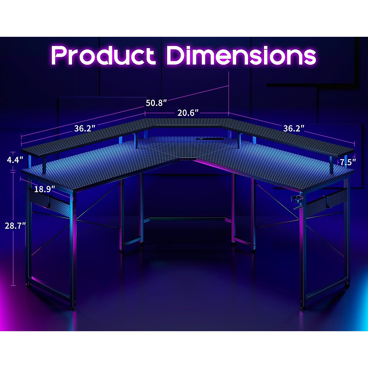 ODK L Shaped Gaming Desk with LED Lights & Power Outlets, 50.8" Computer Desk with Full Monitor Stand, Corner Desk with Cup Holder, Gaming Table with Hooks, Black Carbon Fiber