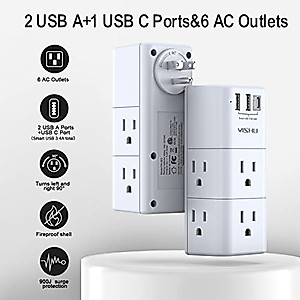 USB Multi Plug Outlet Extender - YISHU Surge Protector with Rotating Plug, 6 AC Plug Extender with 3 USB Ports, 3-Sided Swivel Power Strip with Spaced Outlet Splitter for Home, Office, Travel