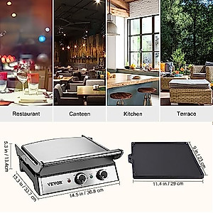 VEVOR Electric Contact Grills, 1500W Indoor Countertop Panini Press Griddle, Sandwich Maker with Non Stick,2 Reversible Iron Cooking Plates,0-446℉ Adjustable Temperature Control,Timer Function,120V