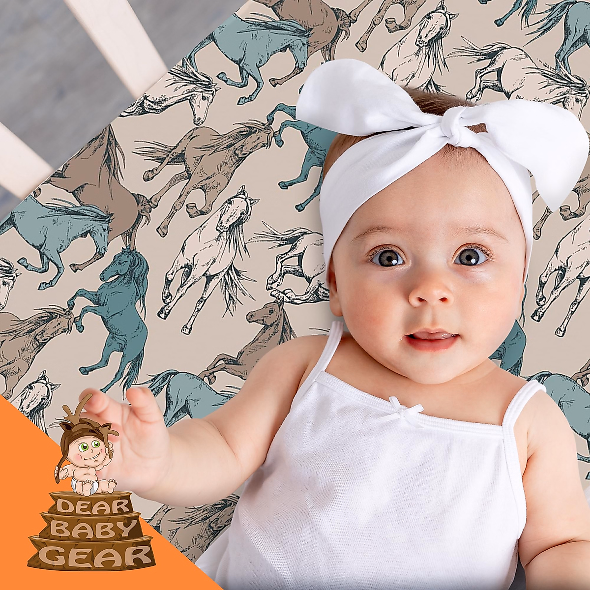 Dear Baby Gear Deluxe Crib Sheet Cotton Polyester Crib Sheets, Soft Machine-Washable Crib Mattress Sheet, Baby Bed Sheets - Tan Teal and Cream Horses on Natural Print, 52"x28"x10"