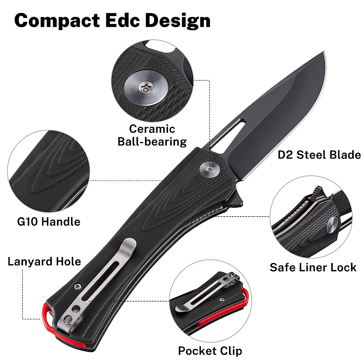 KEXMO Pocket Knife for Men - 3.62" Sharp D2 Blade G10 Handle Folding Pocket Knife with Clip - EDC Knife for Tactical Survival Camping Hunting Hiking Gift for Men Dad Husband Women, Black