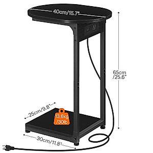 HOOBRO C Shaped End Table with Charging Station, Round Couch Side Table, TV Tray Slide Under Sofa Table with Metal Frame for Small Spaces, Living Room and Bedroom, Black BB18USF01