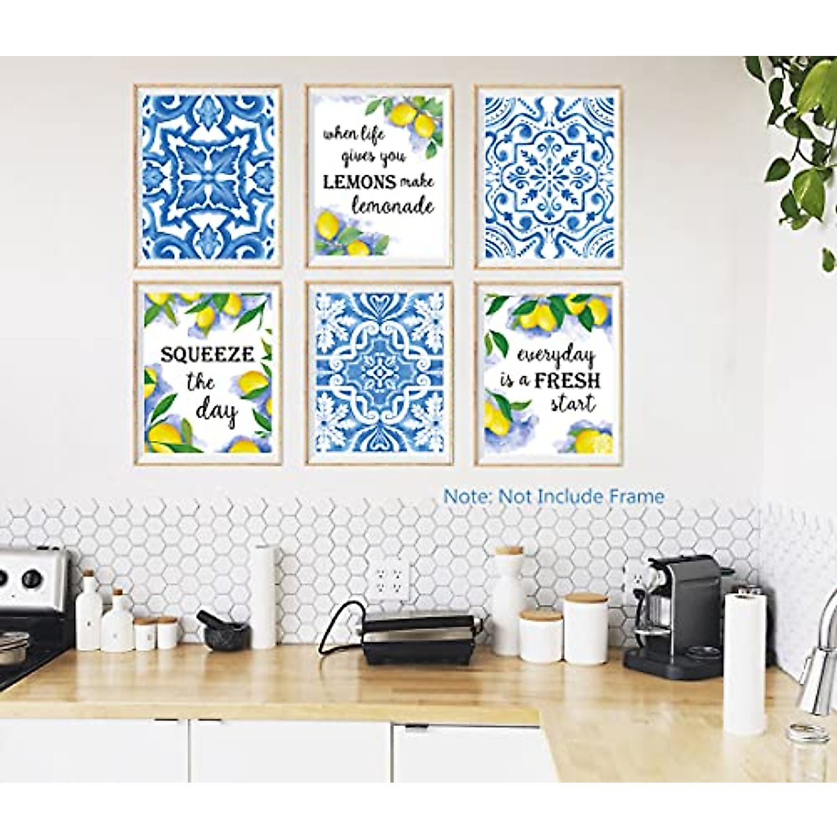 XUOIAYNB Blue Flower Pattern Lemon Art Print-- Mexican Tile Lemon Fruit with Inspirational Quote Canvas Wall Art--(8”X10”X6 pcs, Unframed)--Perfect for Kitchen Bedroom Decoration
