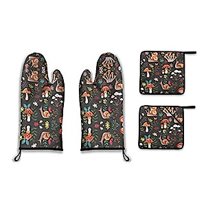 Mushrooms and Flowers Decor Oven Mitts, Pot Holders Sets for Kitchen Gifts, Kitchen Accessories Tool, Heat Resistant Oven Mitts for Cooking, Baking and Grilling (2 Insulated Gloves and 2 Pot Lid Pads)
