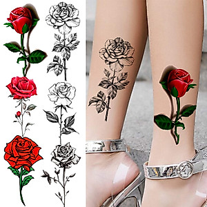 EGMBGM 24 Sheets Black Sketch Rose With Snake Temporary Tattoos For Women, Sexy Red Rose Branch Crescent Moon Tattoo Sticker For Girls, Waterproof Arm Leg Neck Fake Flowers Tattoo Temporary Tatoo Kit