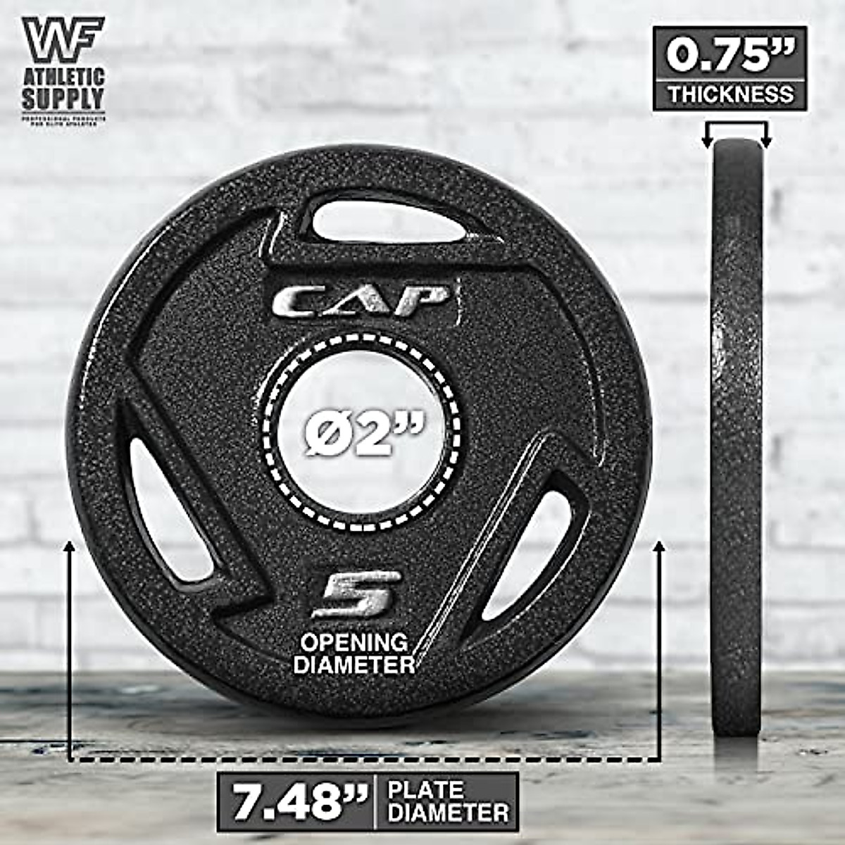 WF Athletic Supply Cast Iron 2-Inch Olympic Grip Plate for Strength Training, Muscle Toning, Weight Loss & Crossfit - Charcoal, 5LB, Set of 2