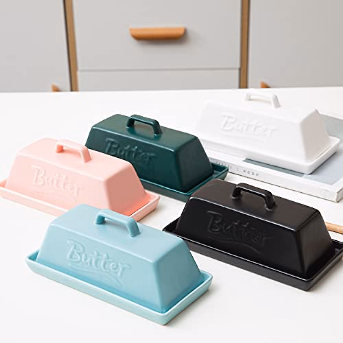 Porcelain Butter Dish with Lid, Candiicap Classic Matte Butter Keeper for Countertop, Large Butter Holder for Butter Storage, Dishwasher Safe (Matte Green)