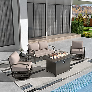 Piltwoff Aluminum Patio Furniture Set with Swivel Chairs,4-Seat Modern Outdoor Sectional Sofa w/45in 55000BTU Fire Pit Table and 5.1 Inch Cushion,Patio Conversation Sets w/Coffee Table,Sand