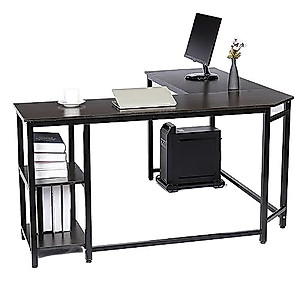 ENGERIO Reversible L Shaped Desk Computer Table with Storage Shelves, Home Office Desk Corner Desk Modern Simple Writing Study Table Gaming Table Workstation with CPU Power Tray Stand (Black)