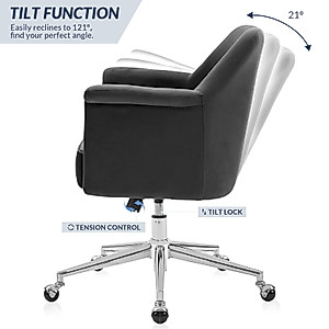 BELLEZE Modern Home Office Chair, 360 Degree Swivel Desk Chair Velvet Office Chair with Metal Base, Rolling Chair Adjustable Chair with Arms and Wheels for Bedroom, Study, Vanity - Peyton (Black)