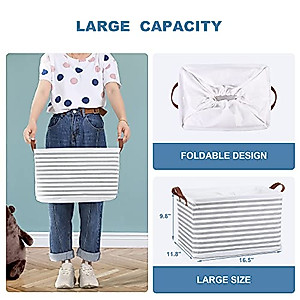 Large Storage Basket organizer Fabric Storage Bin for shelf Closet Organizer Bin Collapsible Storage Box with PU Leather Handles and Drawstring Closure (Waterproof Lining, Grey Stripe)