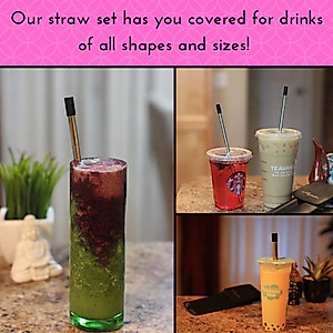 Myracir Reusable Stainless Steel Drinking Straws w/Elegant Vegan Leather Travel case | 4 straws + 4 Silicone Tips + 2 cleaning brushes | 1 wide boba straw w/pointed end | 2 long straws | 1 short straw