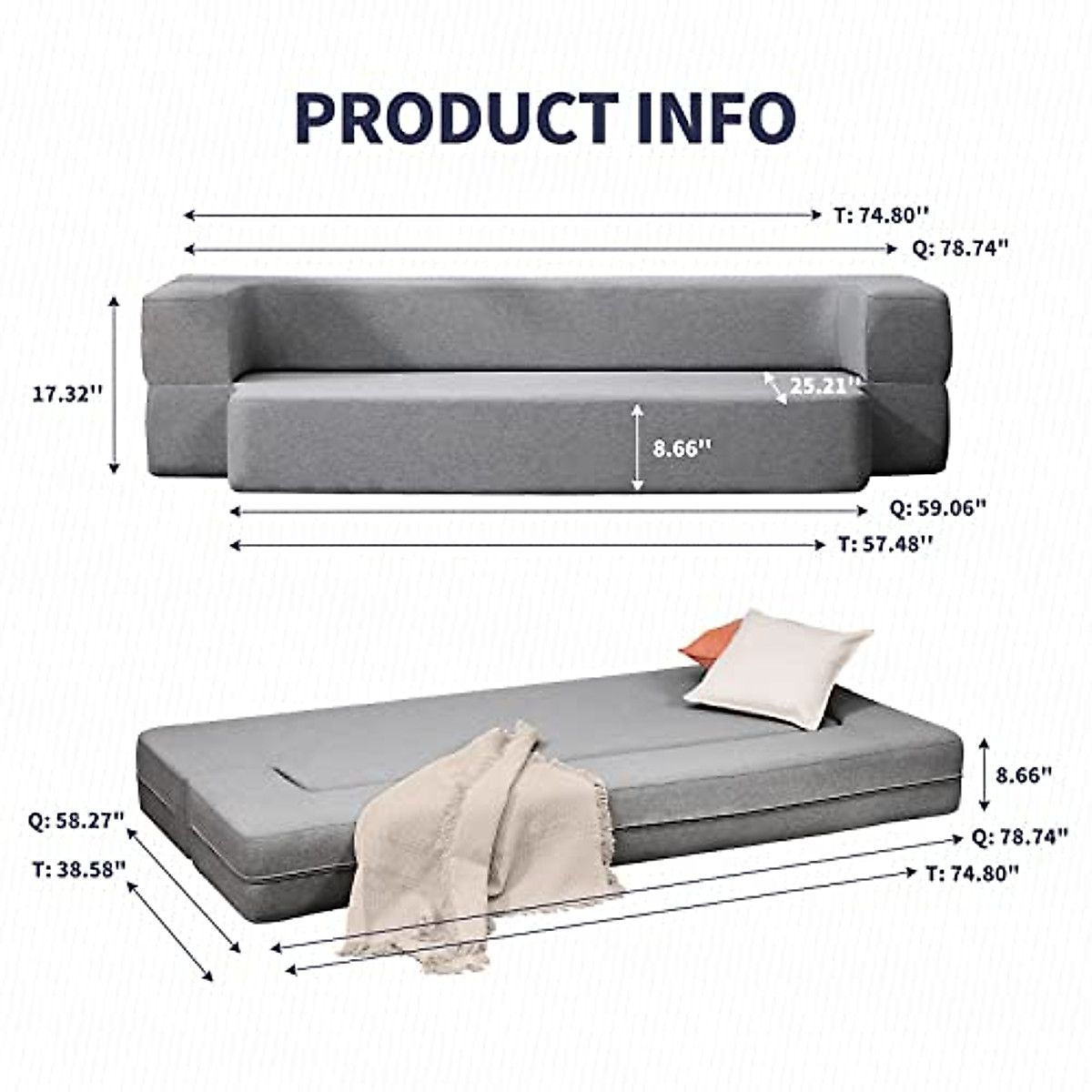 ZAFLY Twin Folding Sofa Couch Bed,8.6" Flip Out Sofa Bed,Convertible Sleeper Sofa Bed,Comfy Floor Couch Bed,Futon Sofa Bed Memory Foam Mattress,Linen Fabric Small Couches for Small Spaces,Light Grey