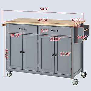 LETESA Rolling Mobile Kitchen Island 54.3'' with Solid Wood Top and 2 Locking Wheels, Adjustable Storage Shelves 4 Door Cabinet and Two Drawers Spice Rack, Towel Rack for Dining Room (Blue)