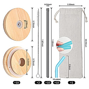 Augosta 10 Pack Bamboo lids for beer can glass, 70 mm Bamboo Mason Jar Lids with Straw Hole Compatible, Free 10 Stainless Steel Straw with Colored silicone plug, 2 Cleaning Brush and Bag for Drinking