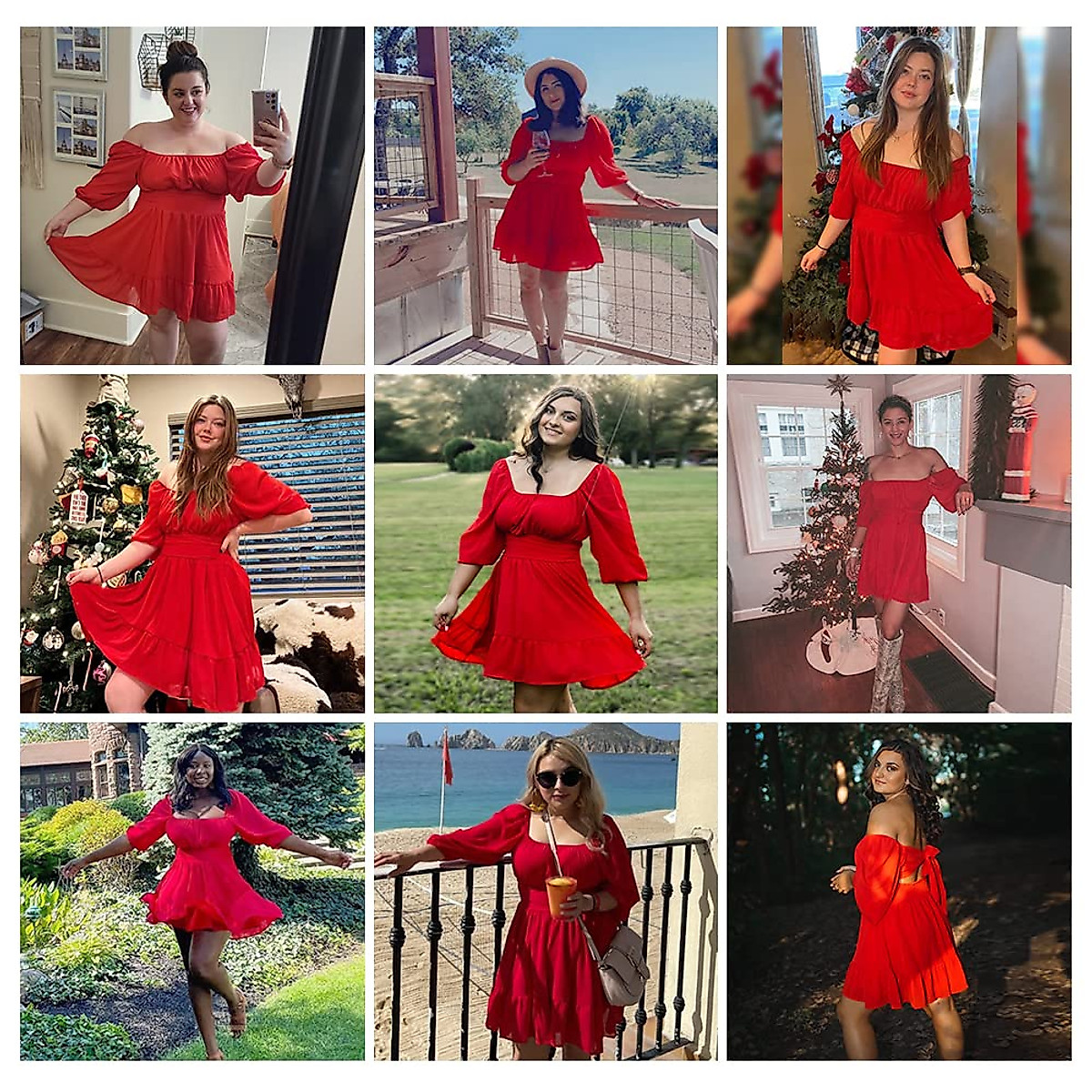 EXLURA Women's Casual Lantern Sleeve Tie Back Dress Ruffle Square Neck A-Line Fairy Fall Dresses Red