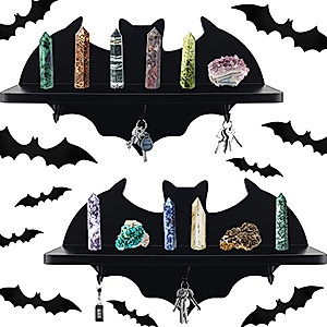 Wood Gothic Home Decor 2 Sets Wood Bat Shelf with 28 Pieces Plastic Bat Wall Stickers Wooden Bat Floating Shelves with Screws Wood Halloween Christmas Display Shelves Wall Decor Halloween Wall Decals