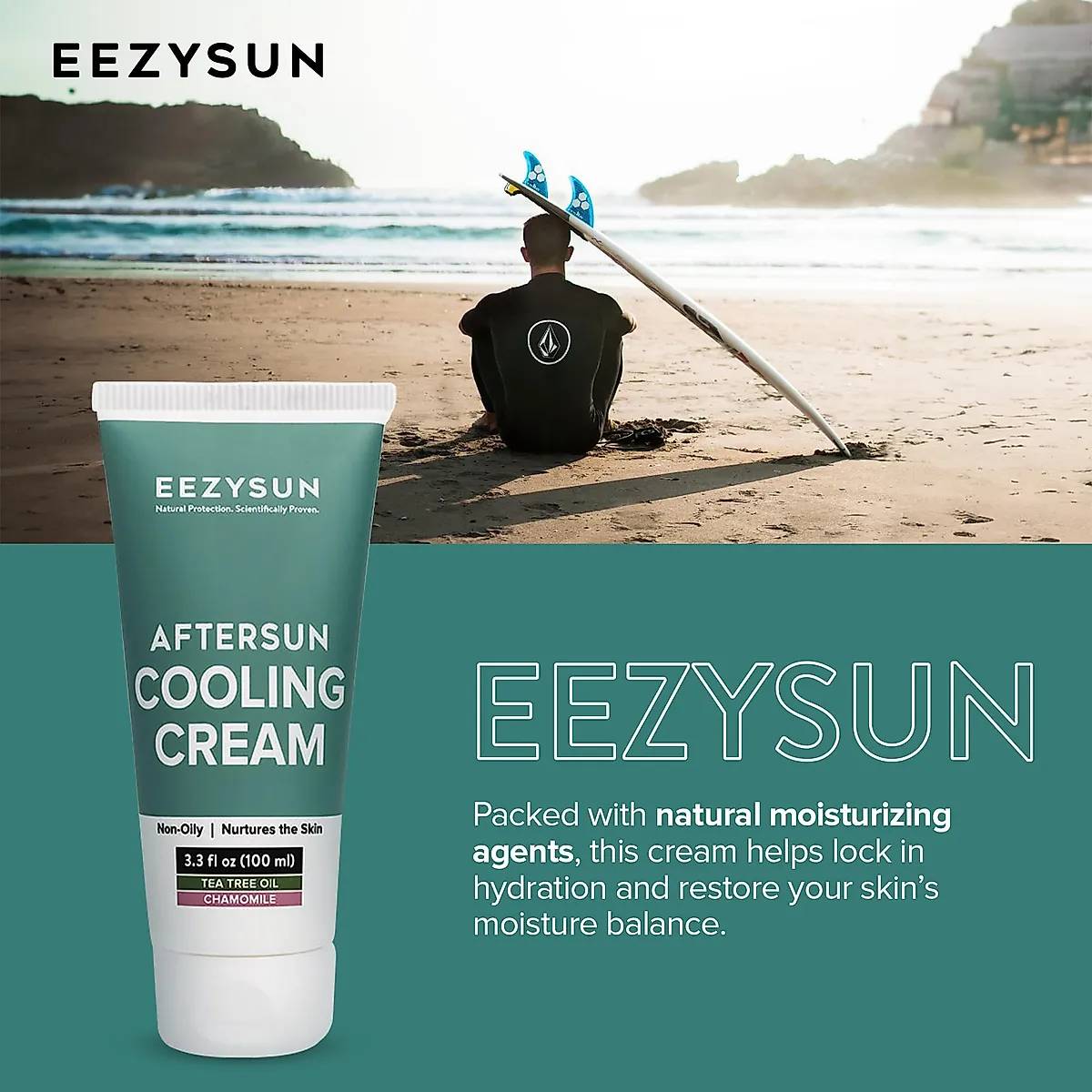 EEZYSUN AfterSun Cooling Cream | Vegan AfterSun Care with Aloe Vera, Tea Tree Oil, & Chamomile to Soothe, Hydrate, & Repair Sunburn | Dermatologically Tested 3.3 FL OZ