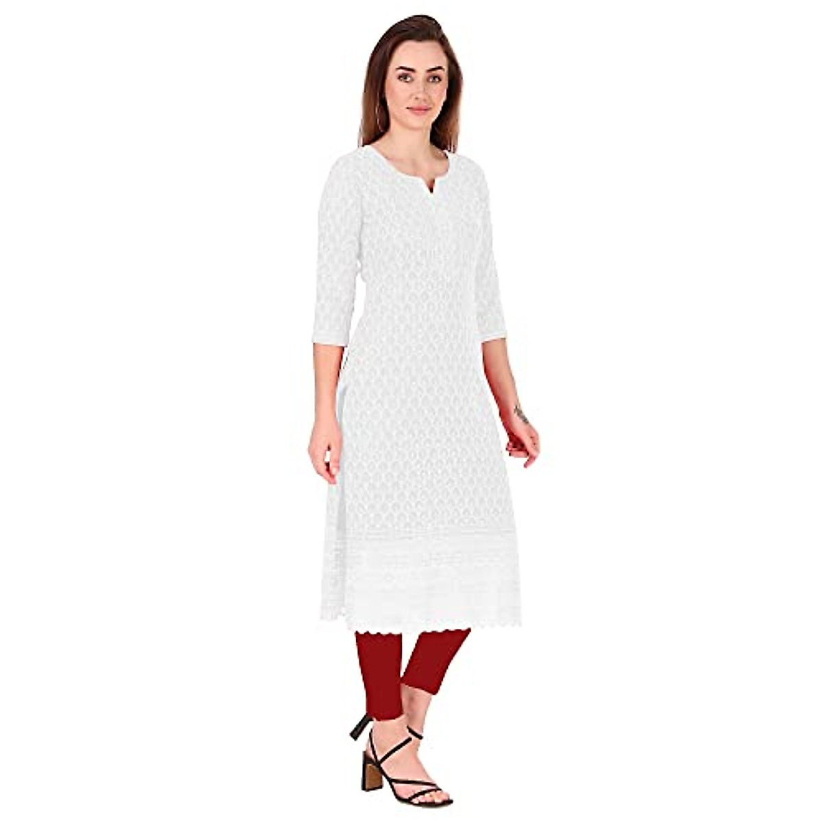 ladyline Womens Georgette Chiffon Chickankari & Sequins Work Kurti Tunic Kurta (White, 40)