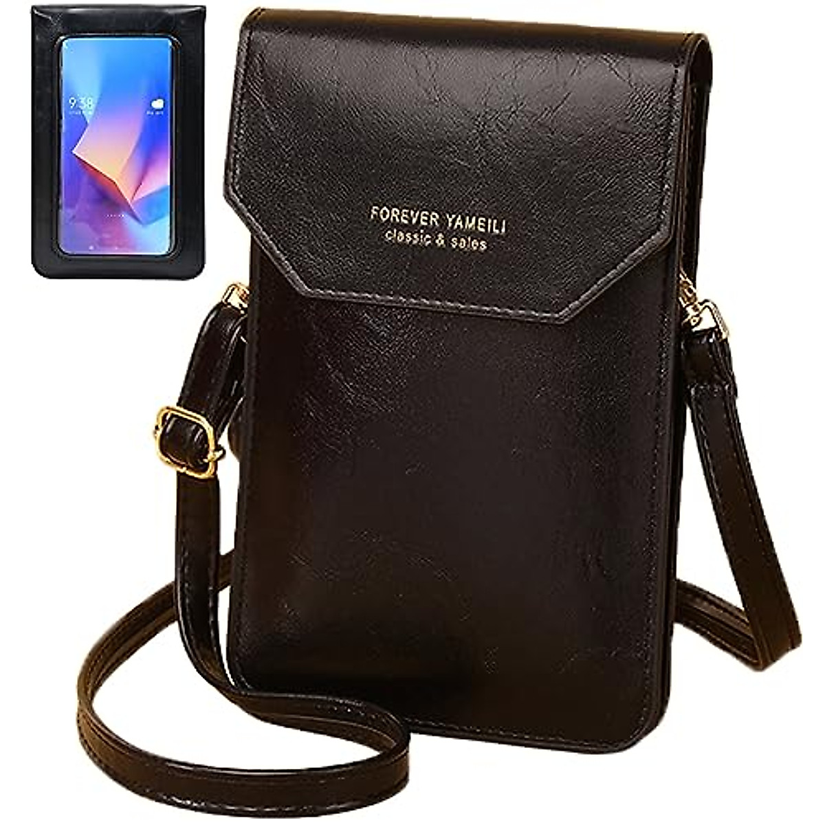 Women's Crossbody handbags Small Black Purse Handbags for Women Classic Shoulder Bag PU Leather Touch Screen Cell Phone Purse Womens Wallet with Adjusted Strap