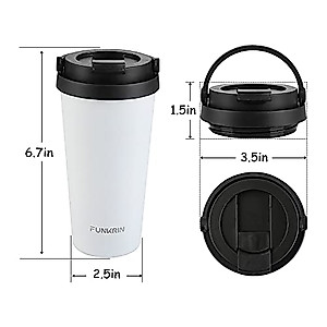 Funkrin Insulated Travel Coffee Mug with Ceramic Coating, Personalized Gifts for Men Women Kids, 16oz Stainless Steel Tumbler with Flip Lid Portable Handle, Double Wall Leak-Proof Thermos Mug