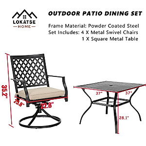 LOKATSE HOME 5 Piece Patio Dining Set Outdoor Furniture 4 Swivel Chairs with Cushion and 37" Square Umbrella Hole Table for Bistro Backyard Garden, Khaki