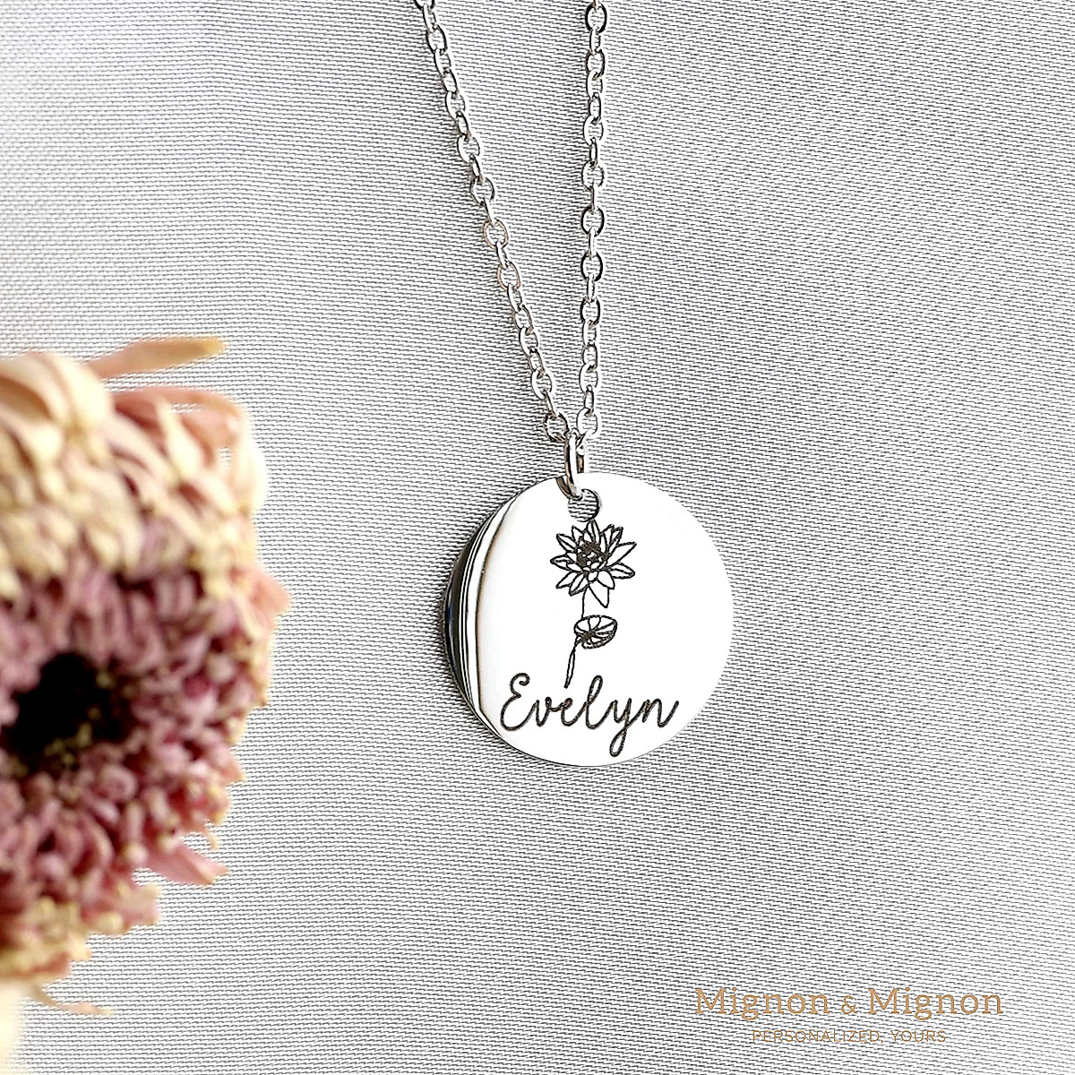 MignonandMignon Gold Personalized Gift for Her Birth Flower Necklace Name Necklace Flower Jewelry Floral Bouquet Mothers Day Gift Personalized Jewelry - LCN-FL-G