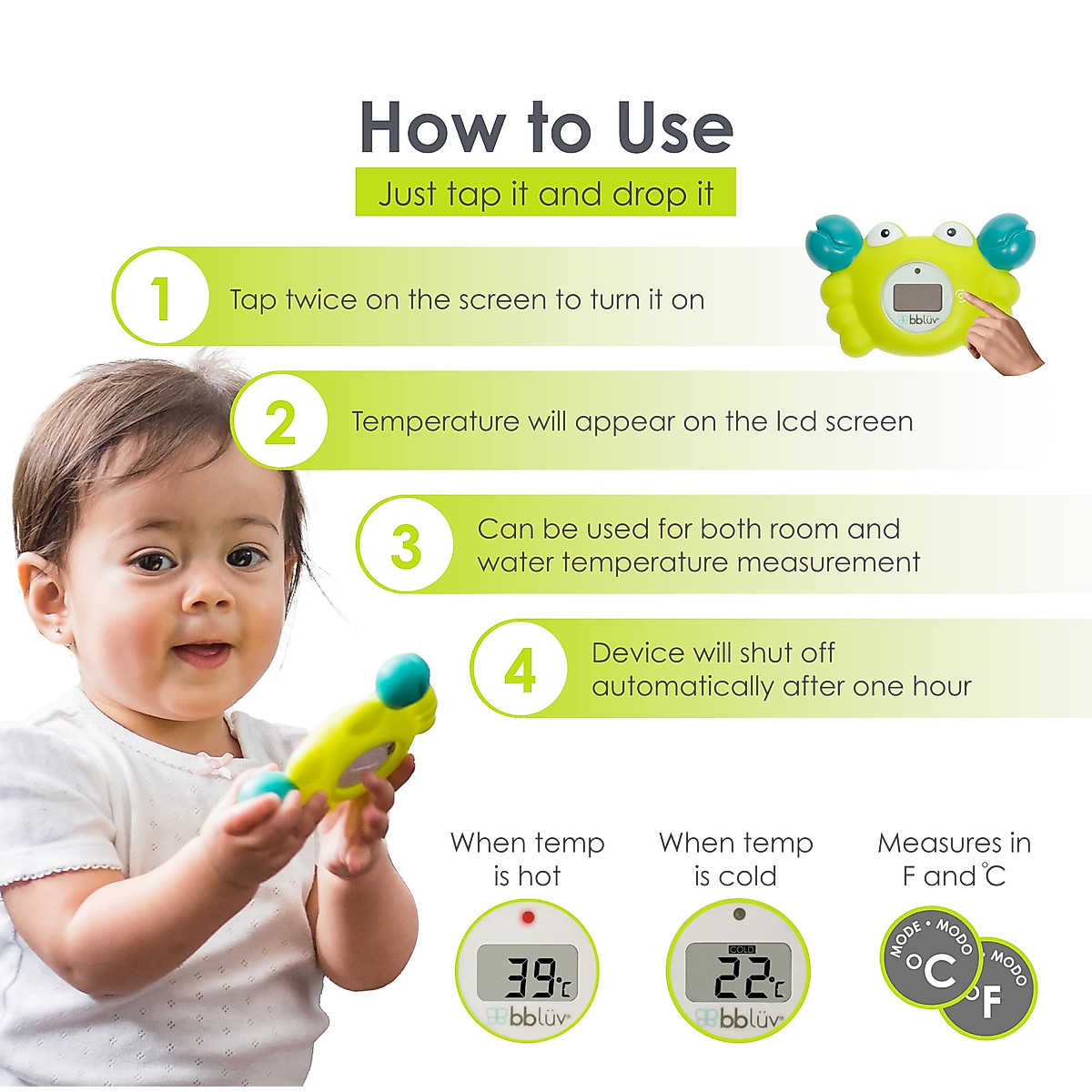 bblüv Kräb | 3-in-1 | Baby Bath Thermometer | Floating Baby Water Thermometer & Room Thermometer | Bathtime Toy for Accurate Celsius Measurement