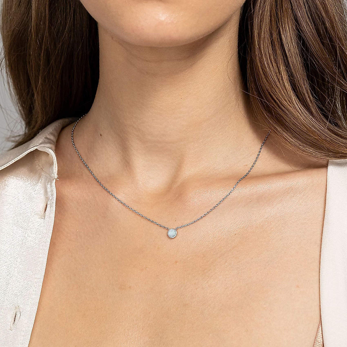 PAVOI 14K White Gold Plated Round Created White Opal Necklace | Opal Necklaces for Women