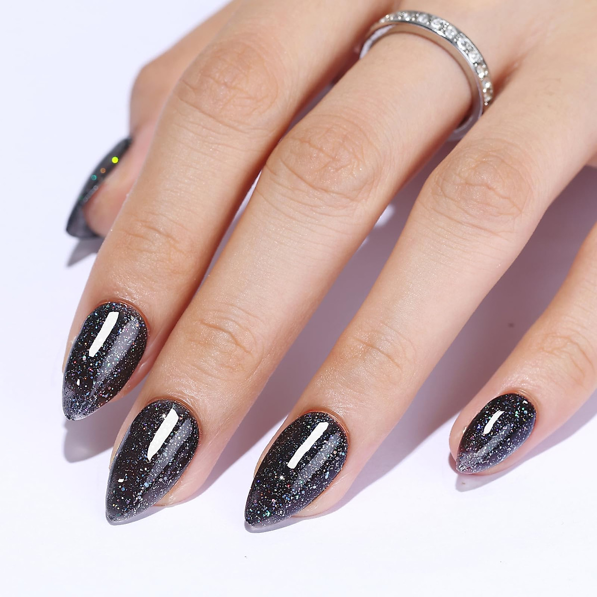 Press On Nails Short Almond, SHOWMORE Black Glitter Fake Nails Medium Sparkly Stiletto Nails Galaxy Glue On Nails False Nails with Design Stick On Nails in 12 Sizes 24 Nail Kit with Glue (Handmade)