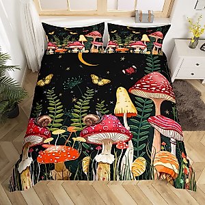 Feelyou Kids Mushroom Bedding Set Natural Wild Fungus Duvet Cover Set for Kids Girls Botanical Plants Comforter Cover Butterfly 1 Duvet Cover with 1 Pillowcase Full Size (No Comforter)