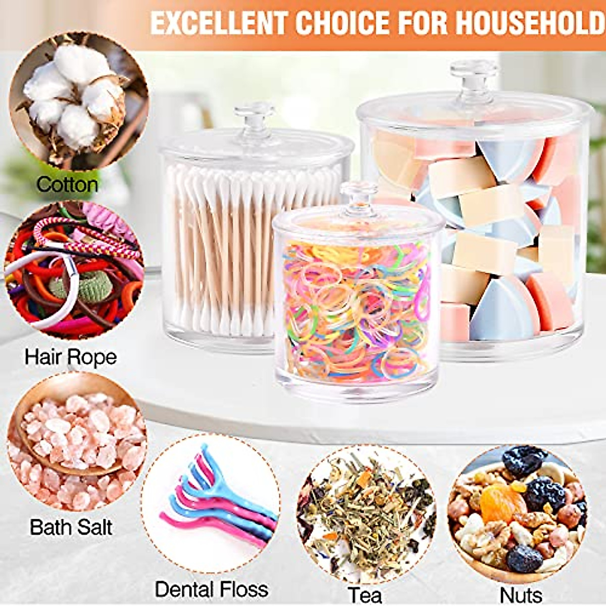 Eschen Apothecary Jars, 3 Pack Bathroom Storage Organizer, 28-oz 17-oz 9-oz Clear Acrylic Cotton Ball Holder with Lid for Qtip, Makeup Sponges, Flossers, Bath Salts, Swab Vanity Canister Dispenser