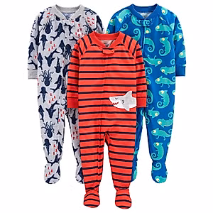Simple Joys by Carter's Baby Boys' 3-Pack Loose Fit Flame Resistant Polyester Jersey Footed Pajamas, Blue Chameleon/Grey Shark/Red Stripe, 12 Months