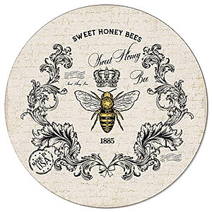 Indoor Round Area Rugs, Sweet Honey Bee Vintage Floral Print Non-Slip Accent Area Floor Carpet Mat for Living Room Kitchen Porch Kids Room, 4ft Diameter
