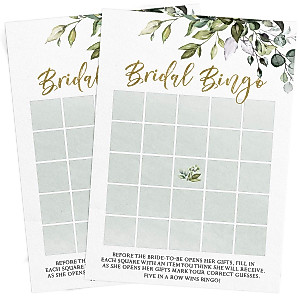 Printed Party Bridal Shower Games – Bingo Game with Blank Squares to Guess The Bride’s Gifts, Fun Wedding Shower Activity, Botanical Eucalyptus Theme, 50 Guests