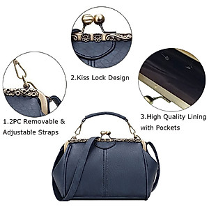 Arnosoar Vintage Kiss lock Handbag Women Purses Solid PU Leather Top-Handle Bag Indigo-blue