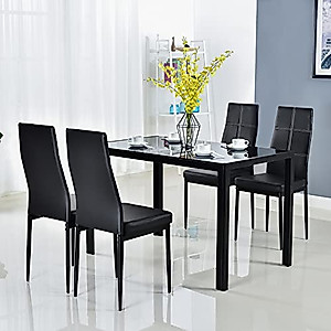 Bonnlo 5 Piece Modern Table Set for 4,Kitchen Table and Chairs for 4,Black Glass Small Kitchen Table and PU Leather Chairs for Dining Room Small Spaces,Metal Frame,Black